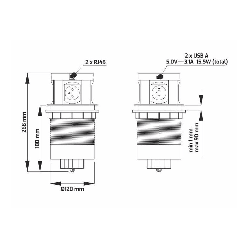 Ausziehbare Steckdose mit kabellosem Laden 4x230V + 2xUSB-Laden A/C ...