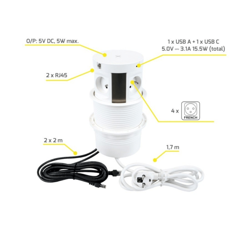 Ausziehbare Steckdose mit kabellosem Laden 4x230V + 2xUSB-Laden A/C ...