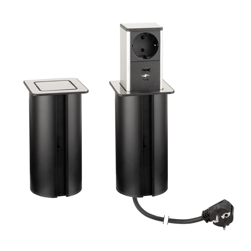 Ausziehbare Steckdose SQUARE UP SCHUKO 1x230V + USB A-C / Edelstahl